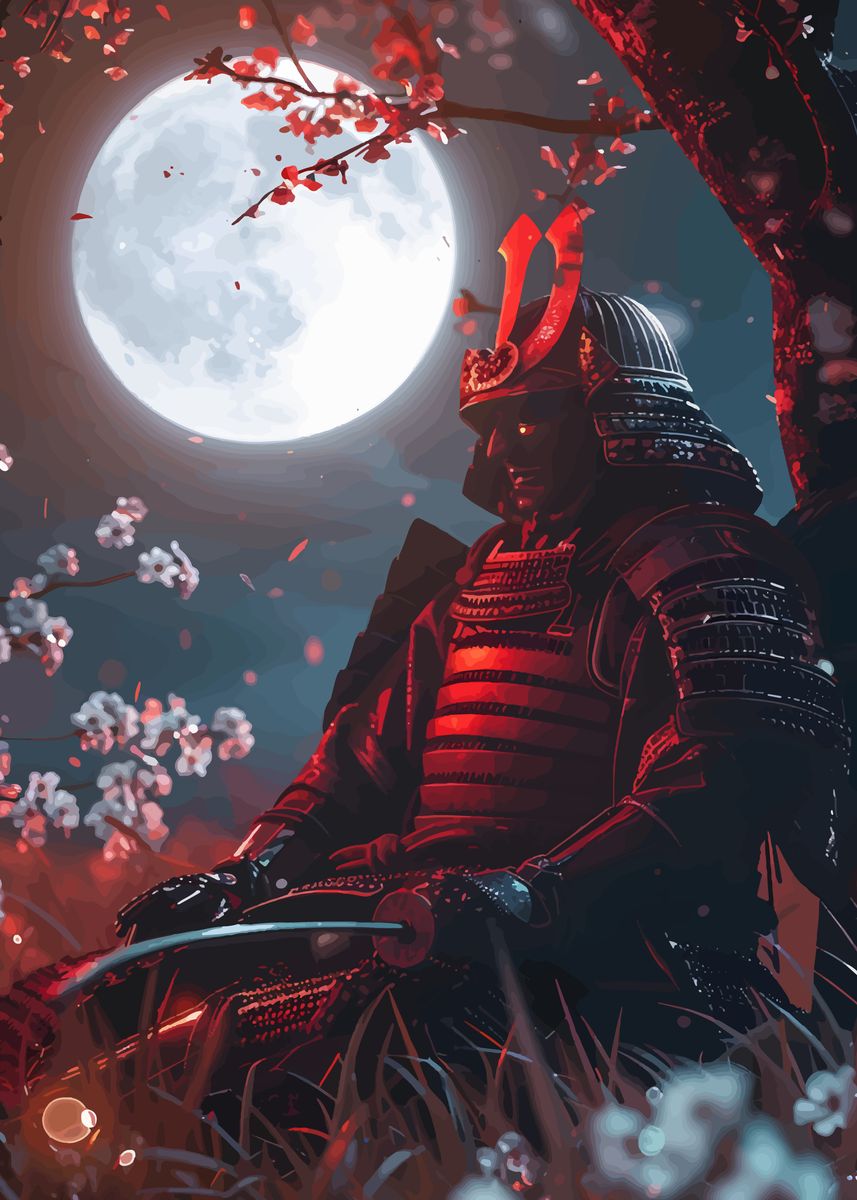 'Samurai Under Moonlight' Poster, picture, metal print, paint by | Displate
