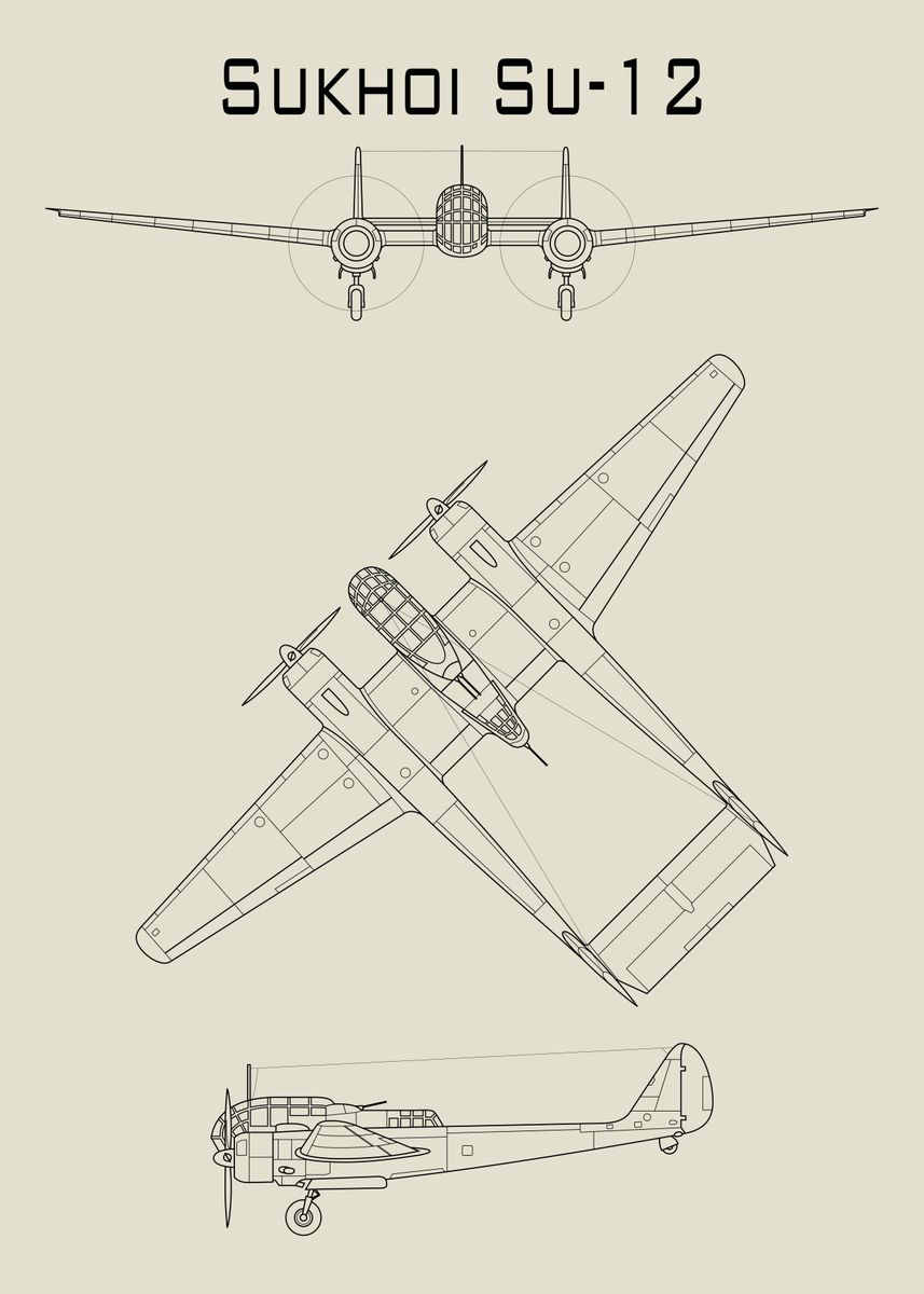 'Sukhoi Su-12 Airplane Blueprint' Poster, picture, metal print, paint ...