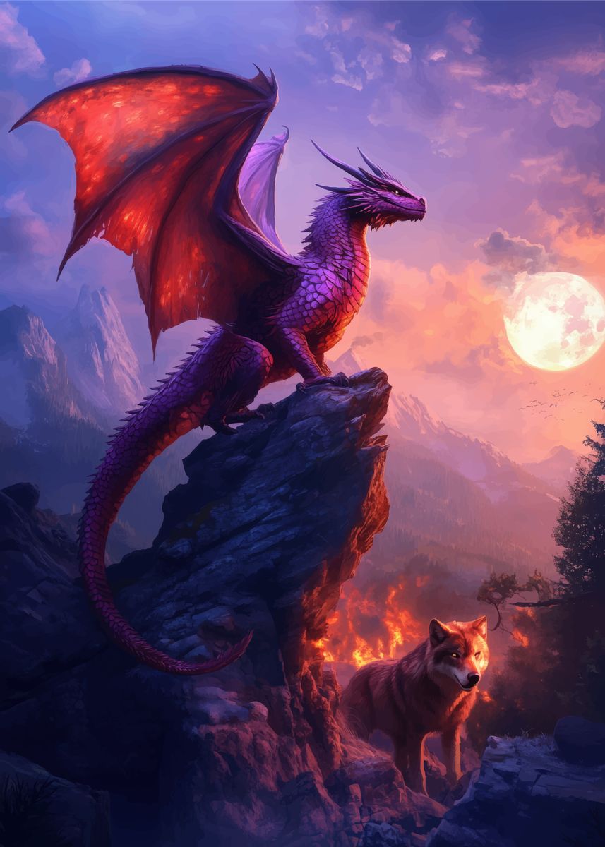 'Dragon and Wolf' Poster, picture, metal print, paint by CINEMO | Displate