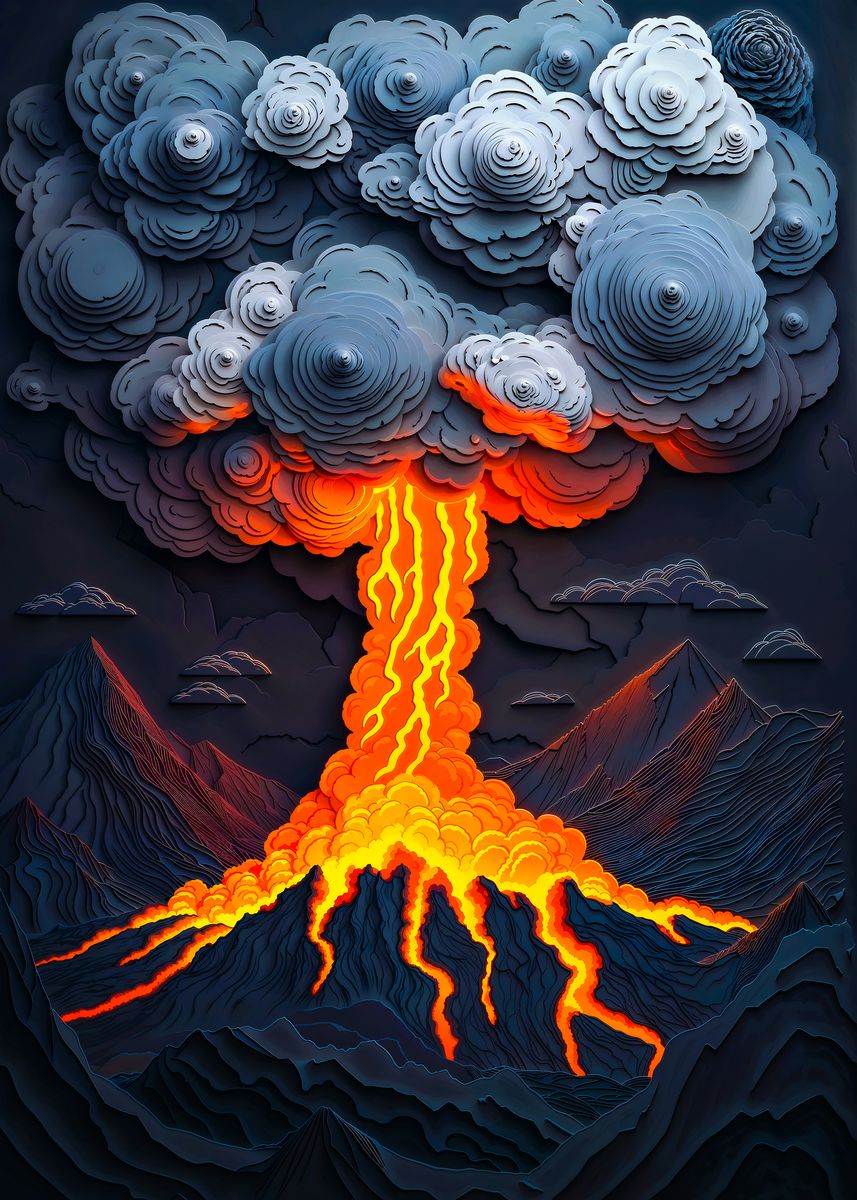 'Volcanic Eruption Paper Art' Poster, picture, metal print, paint by ...