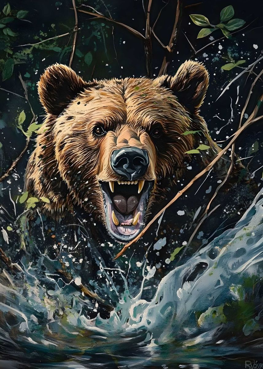 'Bear smashing through the undergrowth branches' Poster, picture, metal ...