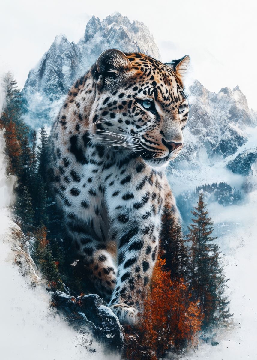 'Leopard in Mountain Landscape' Poster, picture, metal print, paint by ...