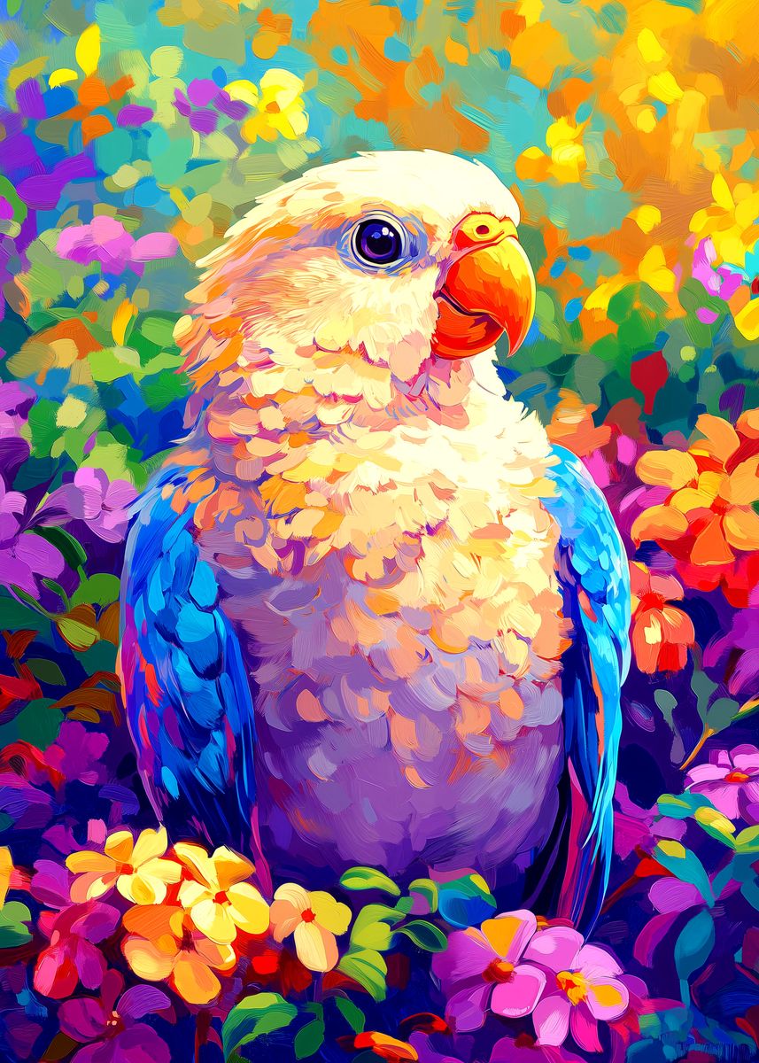 'Colorful Parrot in Flowers' Poster, picture, metal print, paint by ...