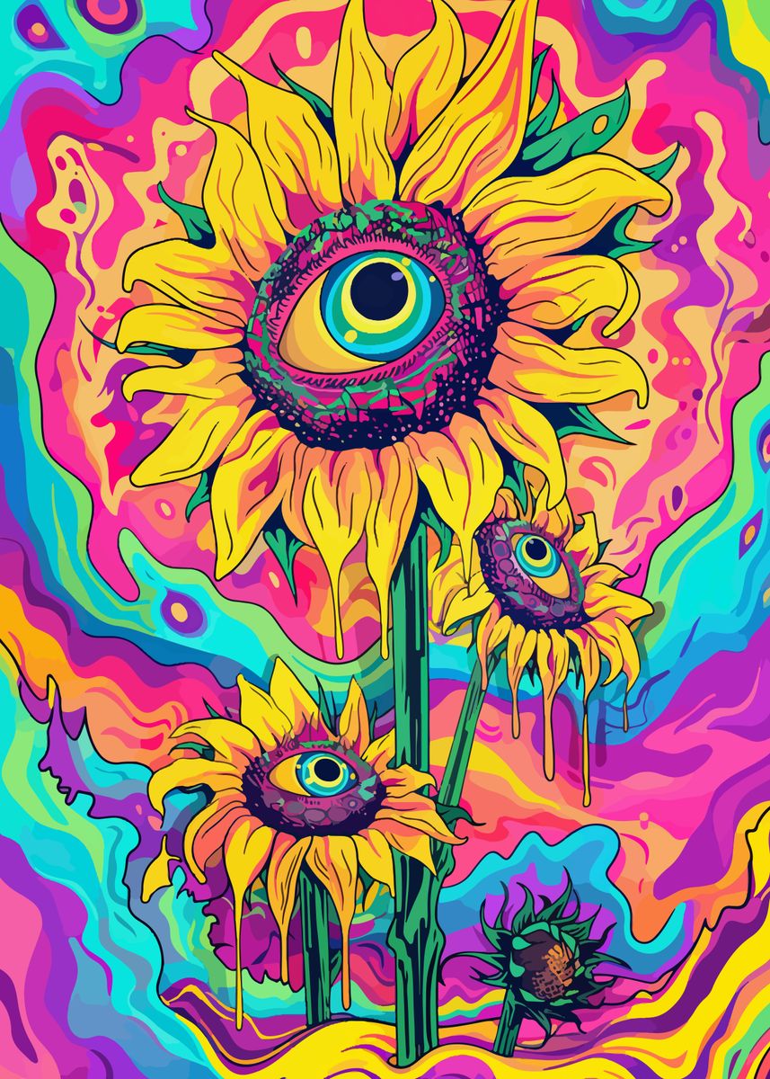 'Psychedelic Sunflowers Weirdcore' Poster, picture, metal print, paint by BestPrints | Displate
