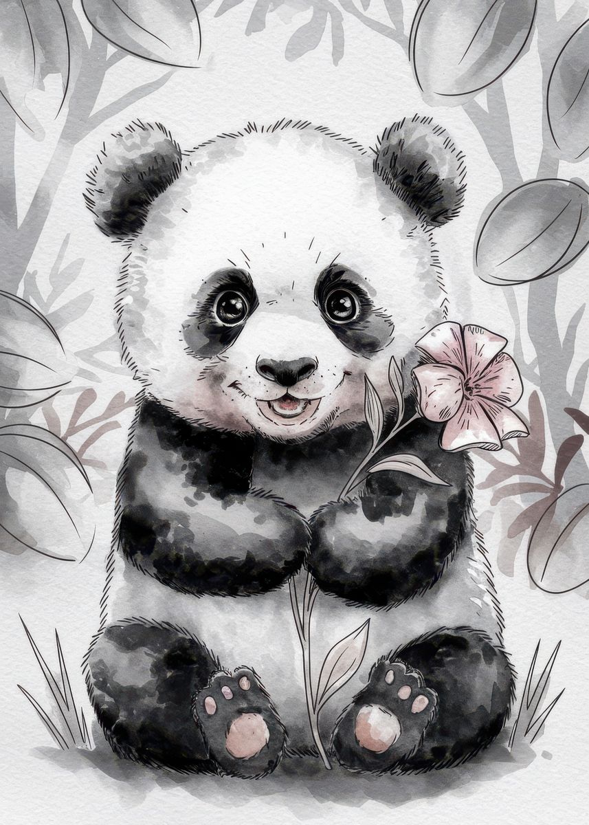 'Cute Panda with Flower' Poster, picture, metal print, paint by ...
