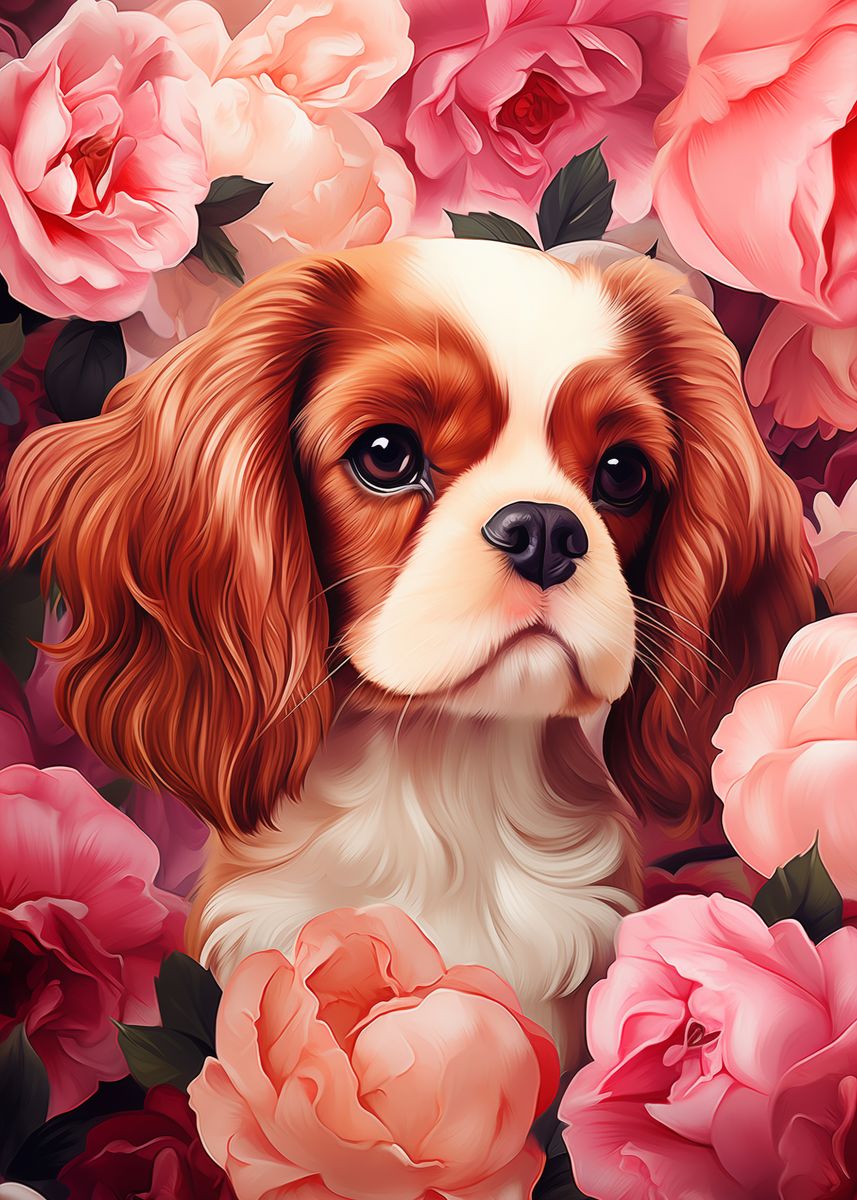 'Cavalier King Charles Spaniel in Roses' Poster, picture, metal print ...