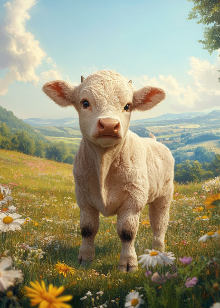'White Bull Calf in Meadow' Poster, picture, metal print, paint by ...