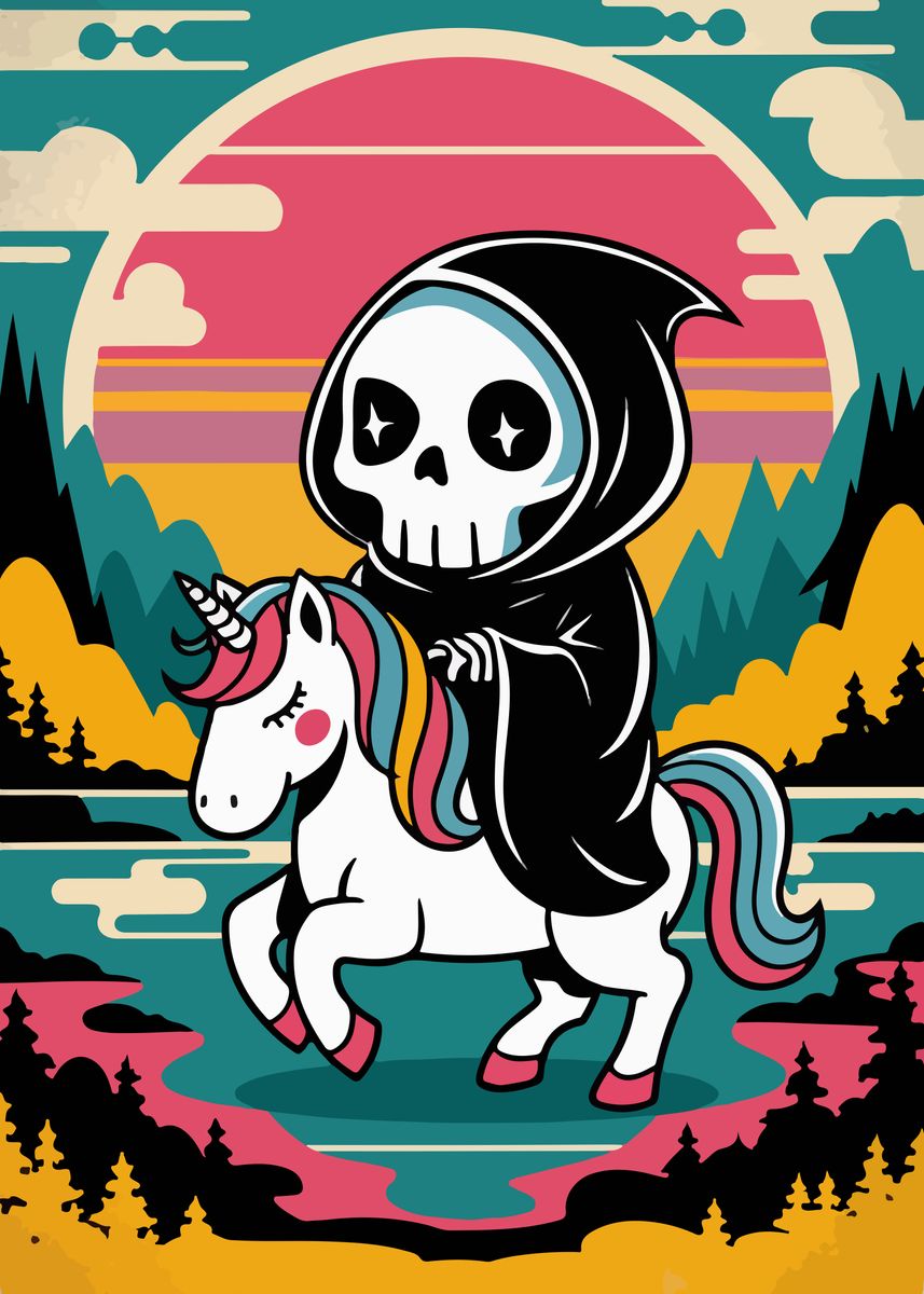 'Grim Reaper on Unicorn' Poster, picture, metal print, paint by ...