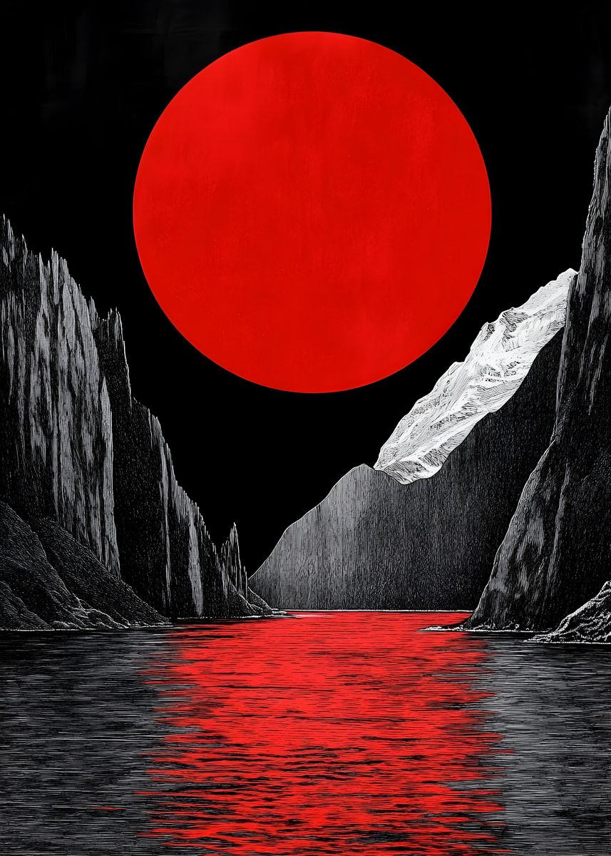 'Red Moon Over Mountains' Poster, picture, metal print, paint by Elopxl ...