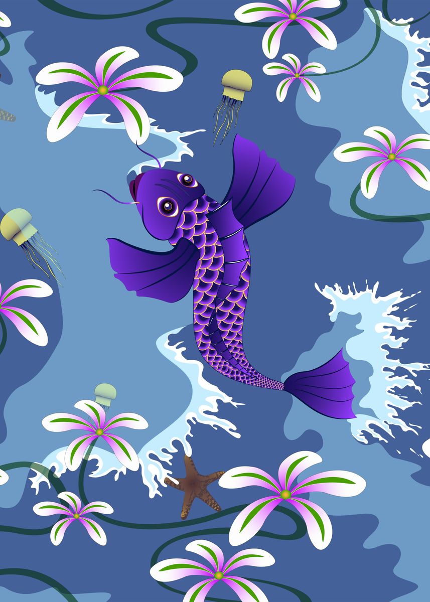 'Purple Koi Fish and Water Flowers' Poster, picture, metal print, paint ...