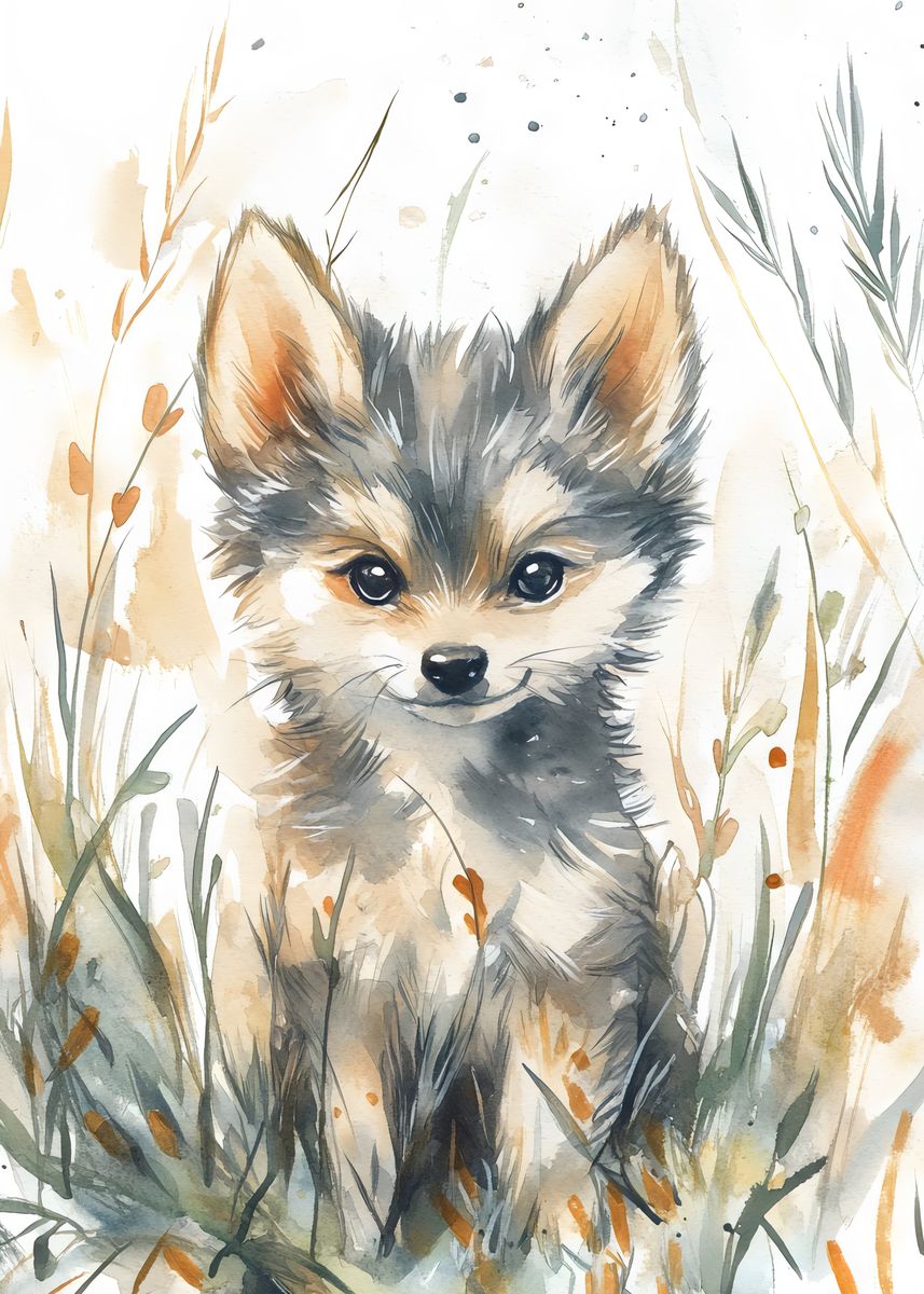 'Cute Wolf Pup in Grass' Poster, picture, metal print, paint by ...