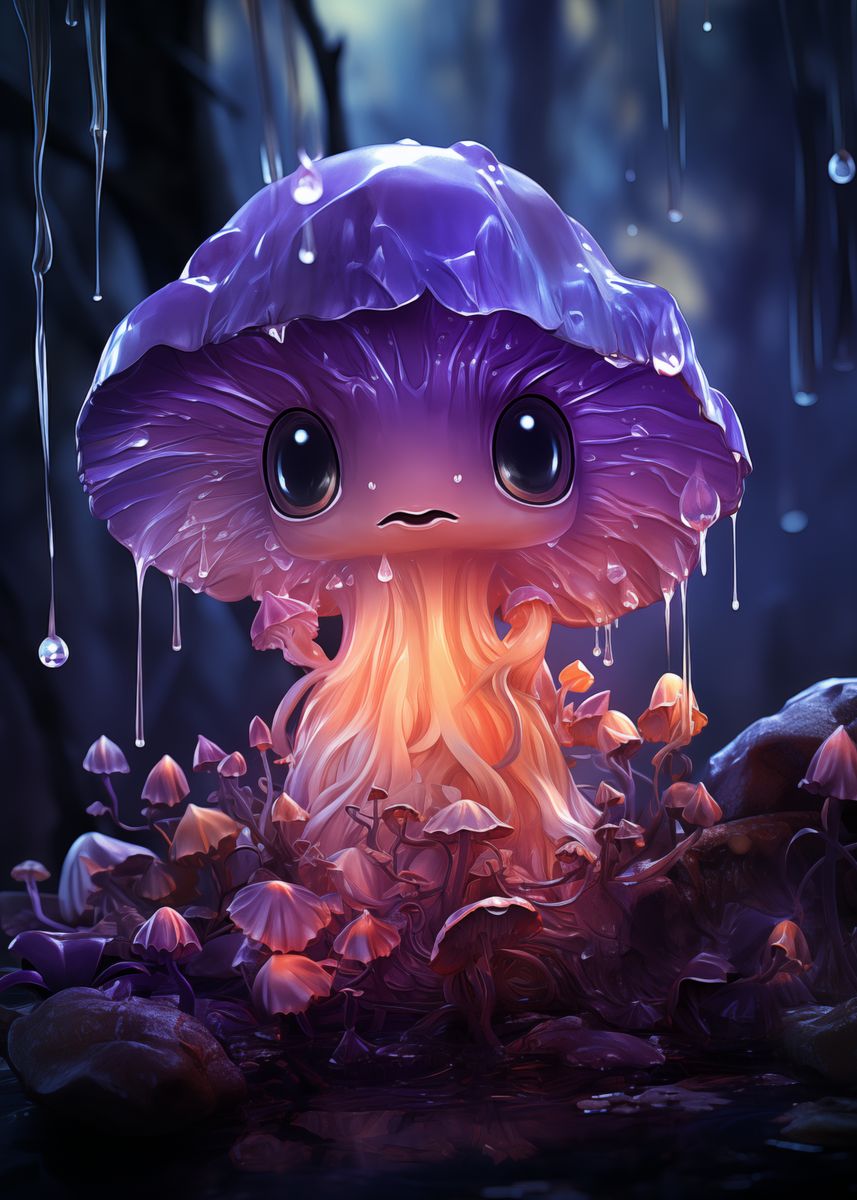 'Cute Mushroom in the Rain' Poster, picture, metal print, paint by ...