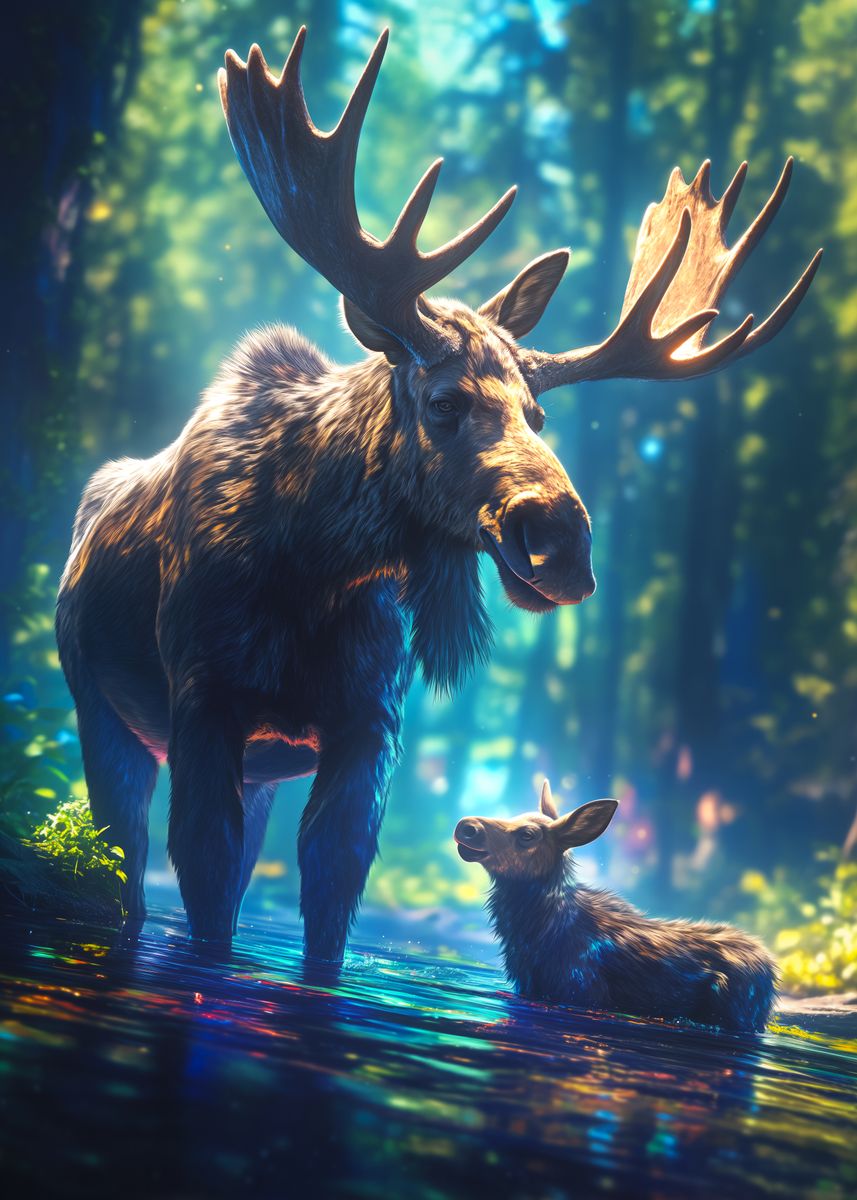 'Mother Moose and Calf in Water' Poster, picture, metal print, paint by ...