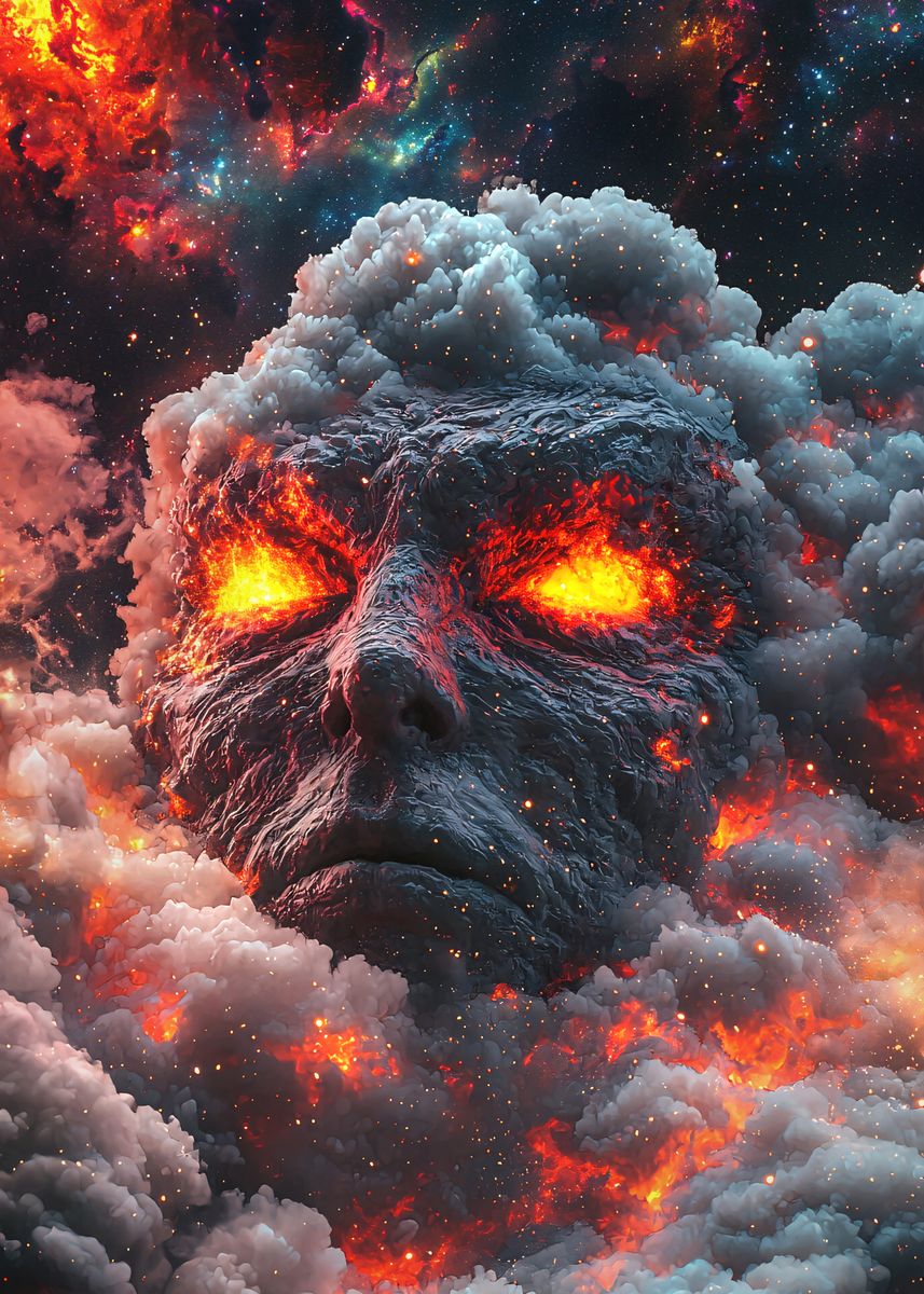 'Fiery Cosmic Face' Poster, picture, metal print, paint by Leoni | Displate