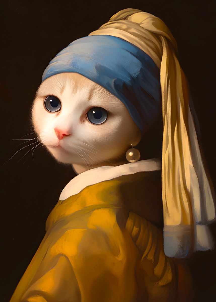'Cute Cat with Pearl Earring' Poster, picture, metal print, paint by ...