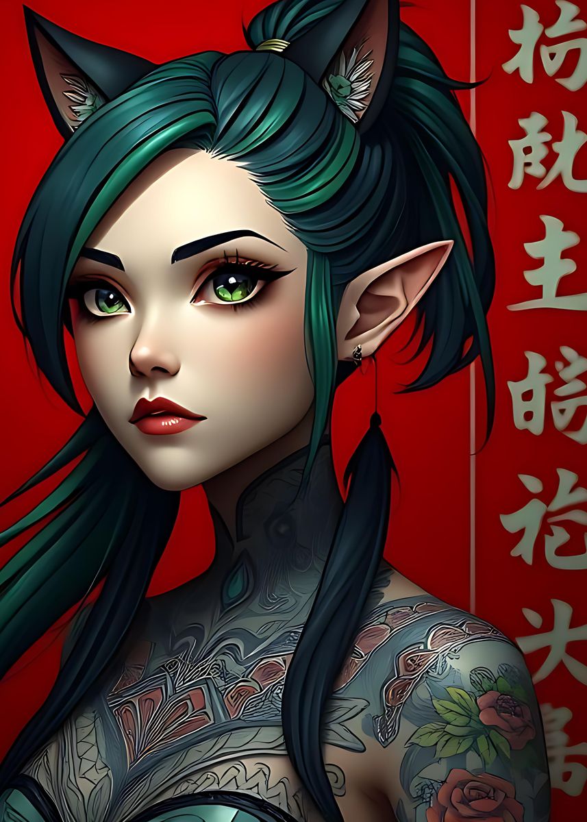 'Anime Girl with Cat Ears' Poster, picture, metal print, paint by ...