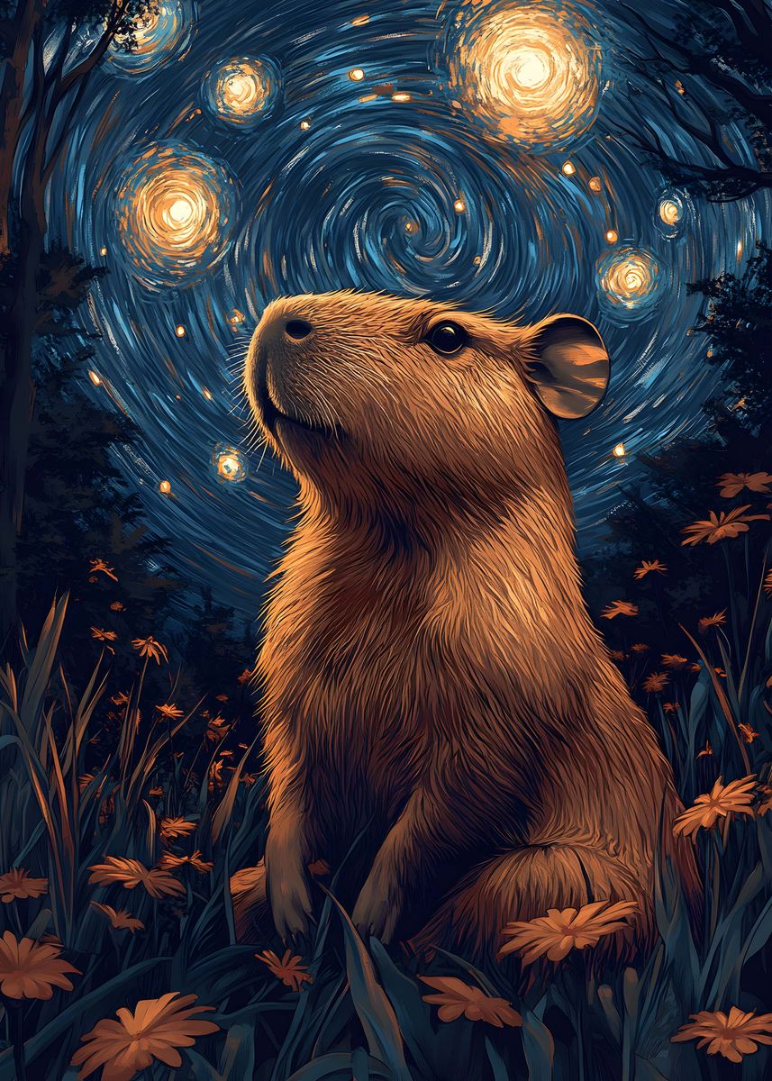 'Capybara Starry Night' Poster, picture, metal print, paint by ...