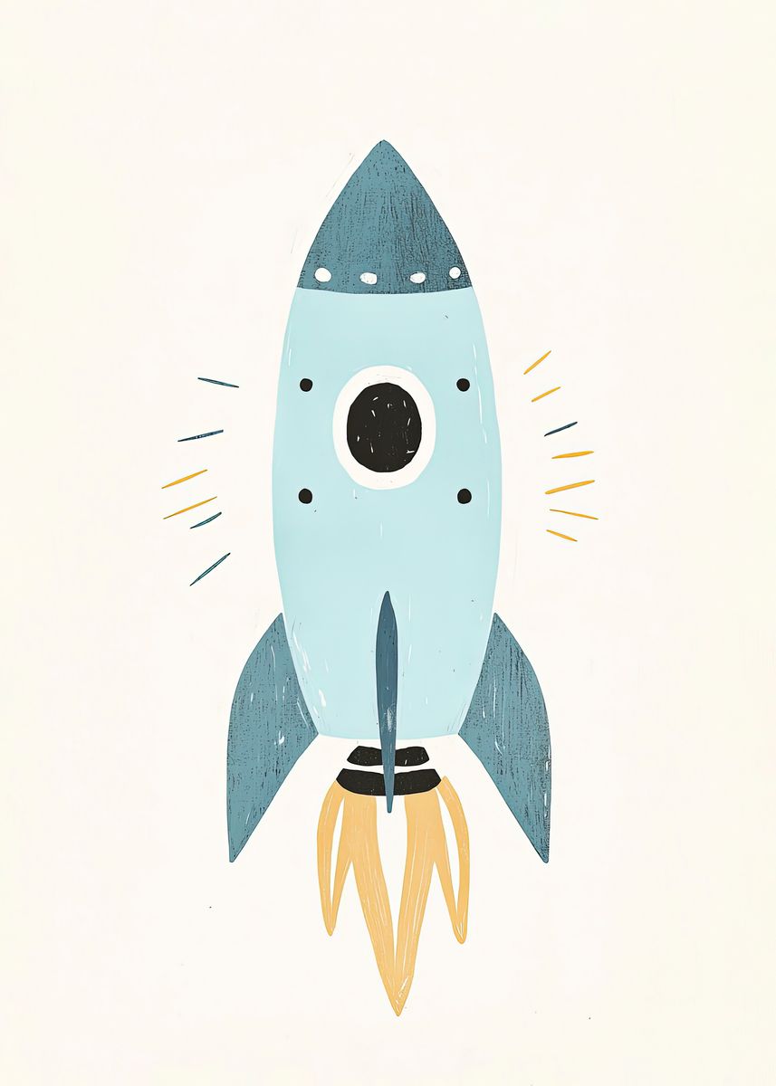 'Blue Rocket Ship Illustration' Poster, picture, metal print, paint by ...