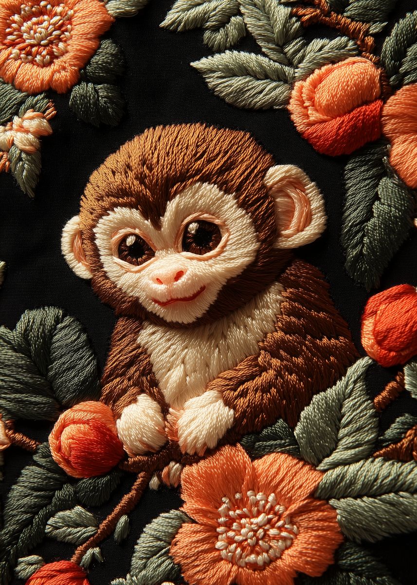 'Embroidered Monkey with Flowers' Poster, picture, metal print, paint by Lorence | Displate