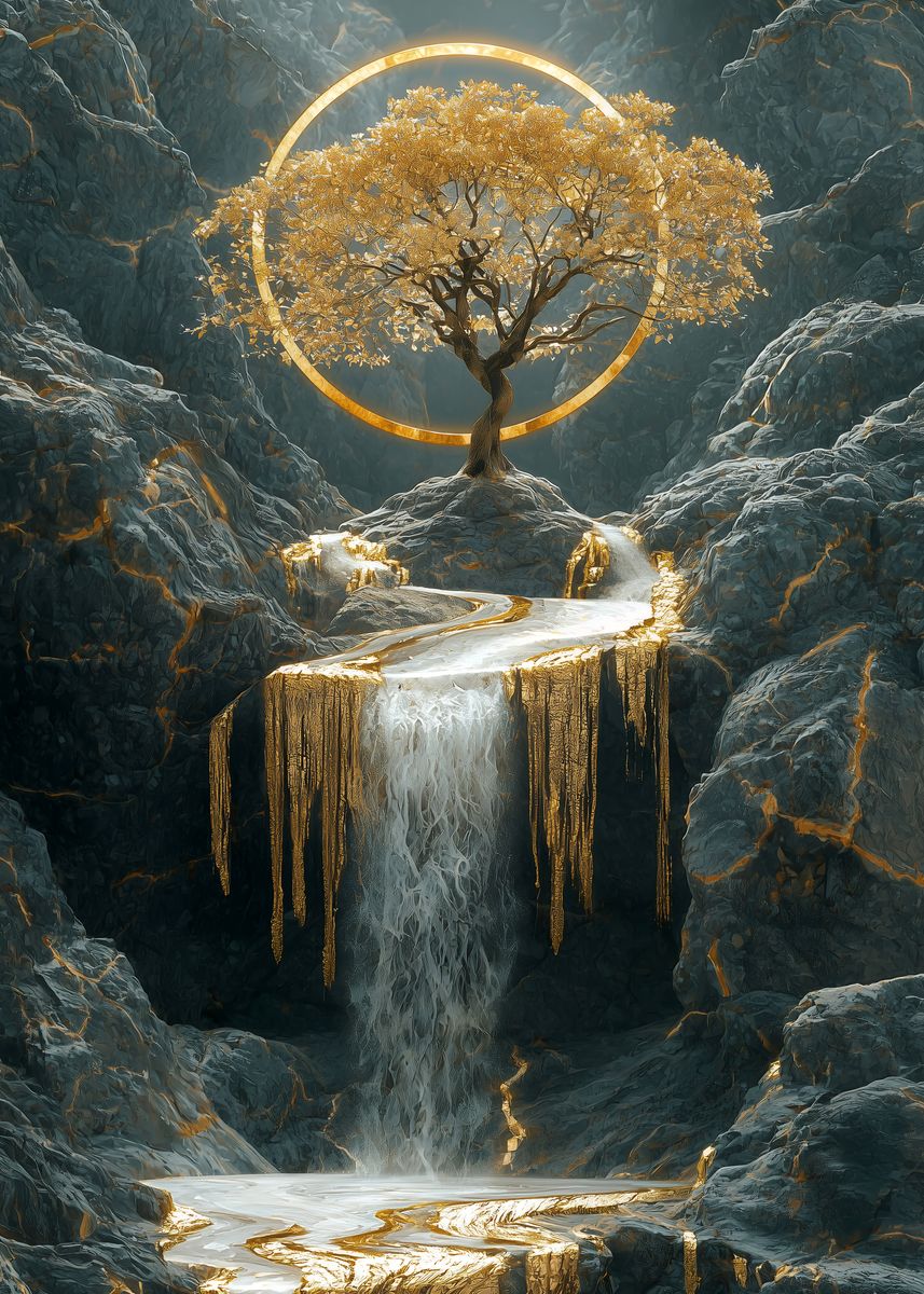 'Golden Waterfall Landscape' Poster, picture, metal print, paint by Vfx ...