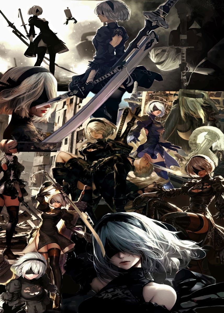 '2B Nier Automata Collage' Poster, picture, metal print, paint by ...