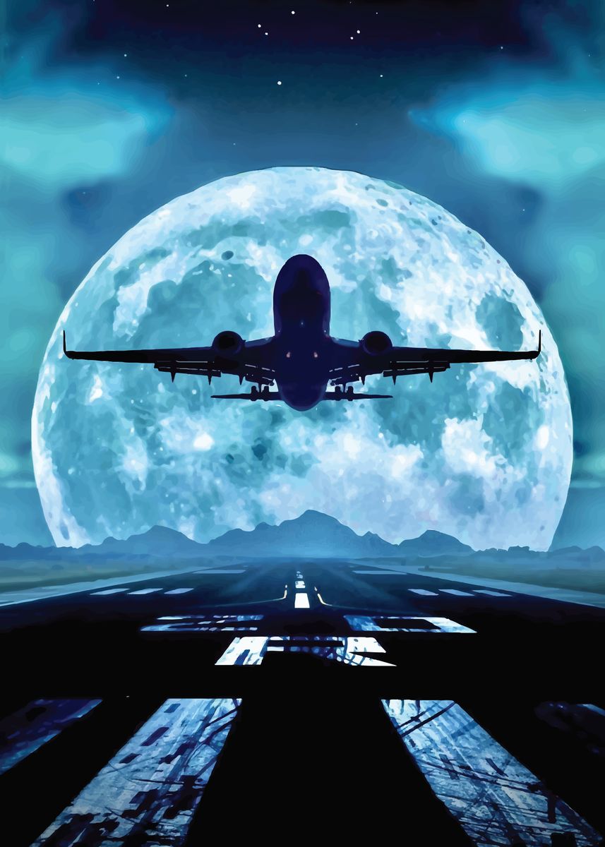 'Airplane Takeoff Under Full Moon' Poster, picture, metal print, paint ...