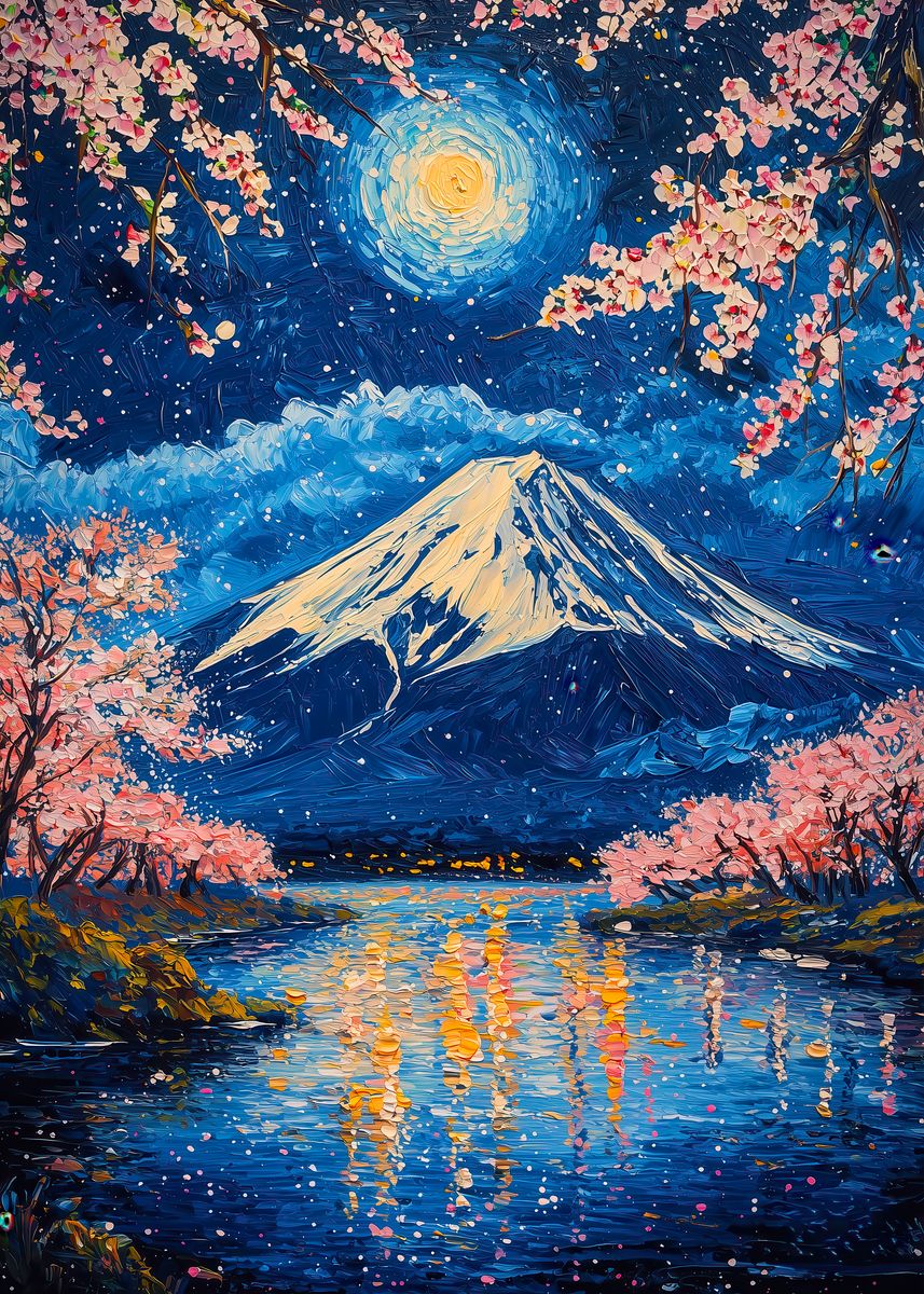'Cherry Blossom Fuji Starry Night' Poster, picture, metal print, paint ...