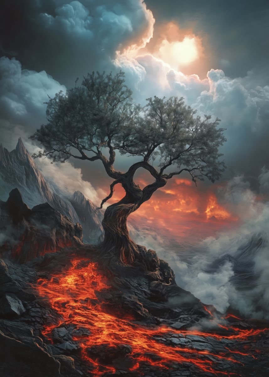 'Volcanic Landscape with Tree' Poster, picture, metal print, paint by ...