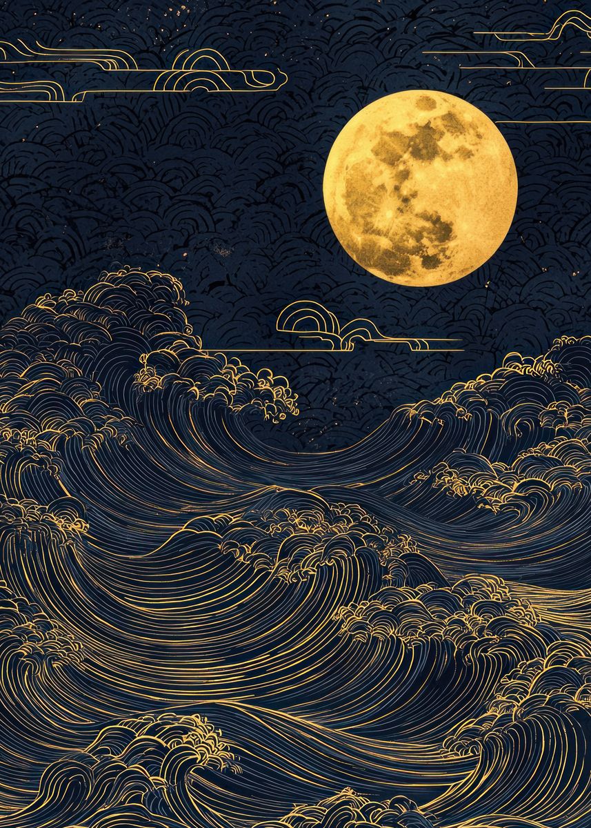 'Golden Waves Under Full Moon' Poster, picture, metal print, paint by ...