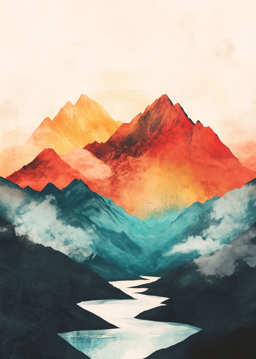 'Watercolor Mountain Landscape' Poster, picture, metal print, paint by ...