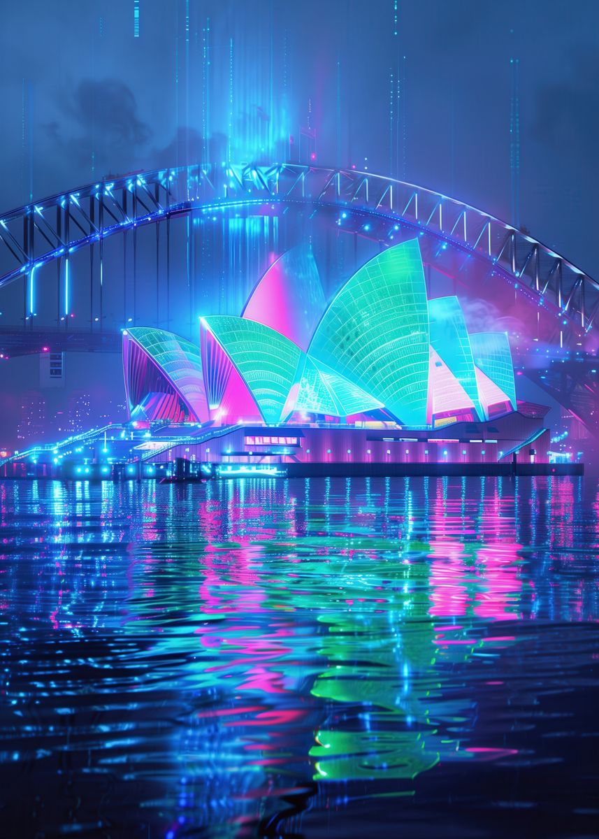 'Sydney Opera House Neon Lights' Poster, picture, metal print, paint by ...