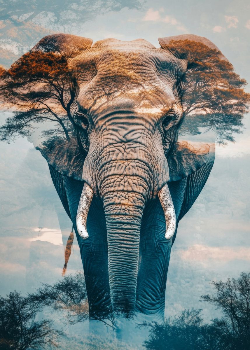 'Elephant Double Exposure' Poster, picture, metal print, paint by ...