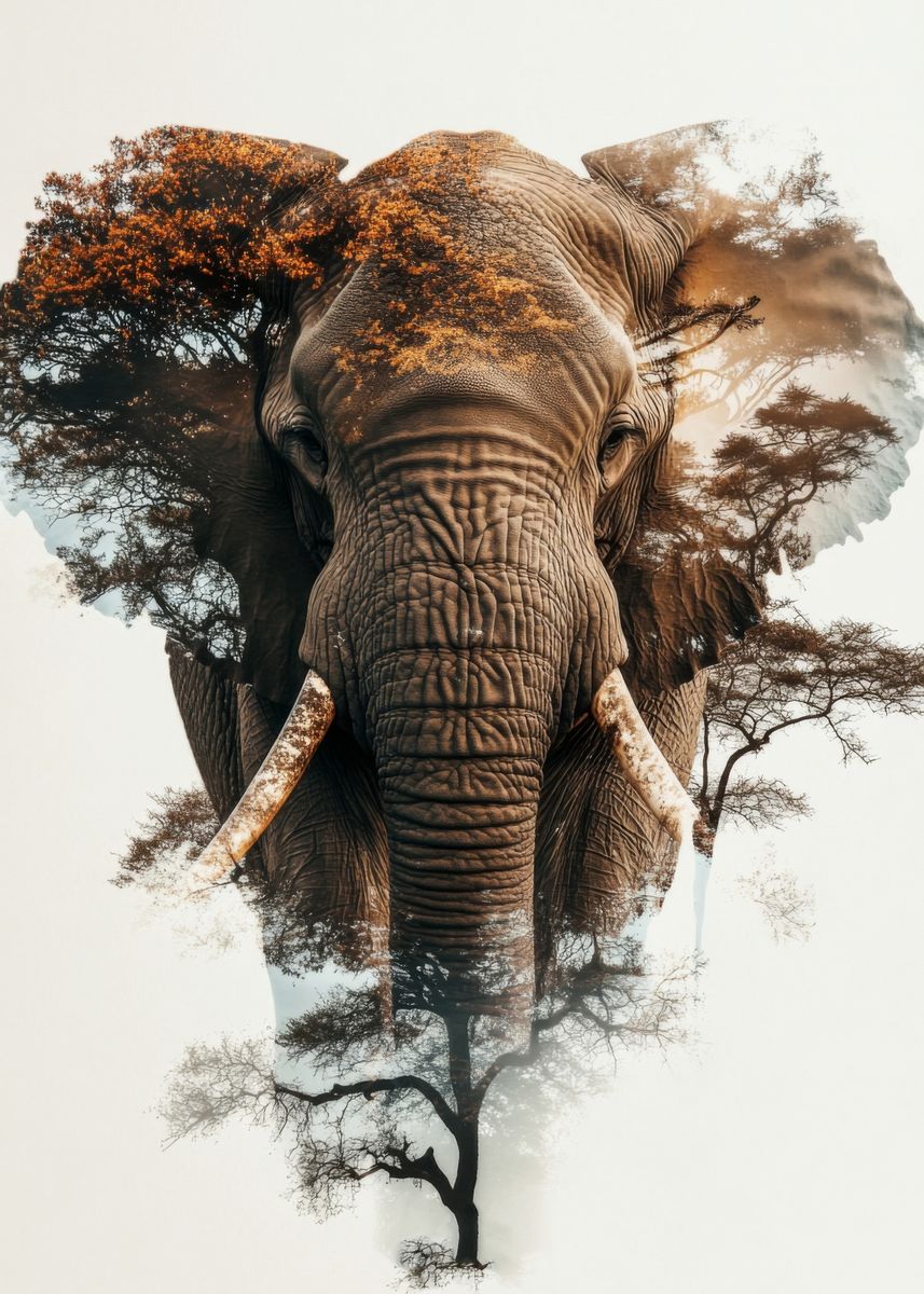 'Elephant and Tree Double Exposure' Poster, picture, metal print, paint ...