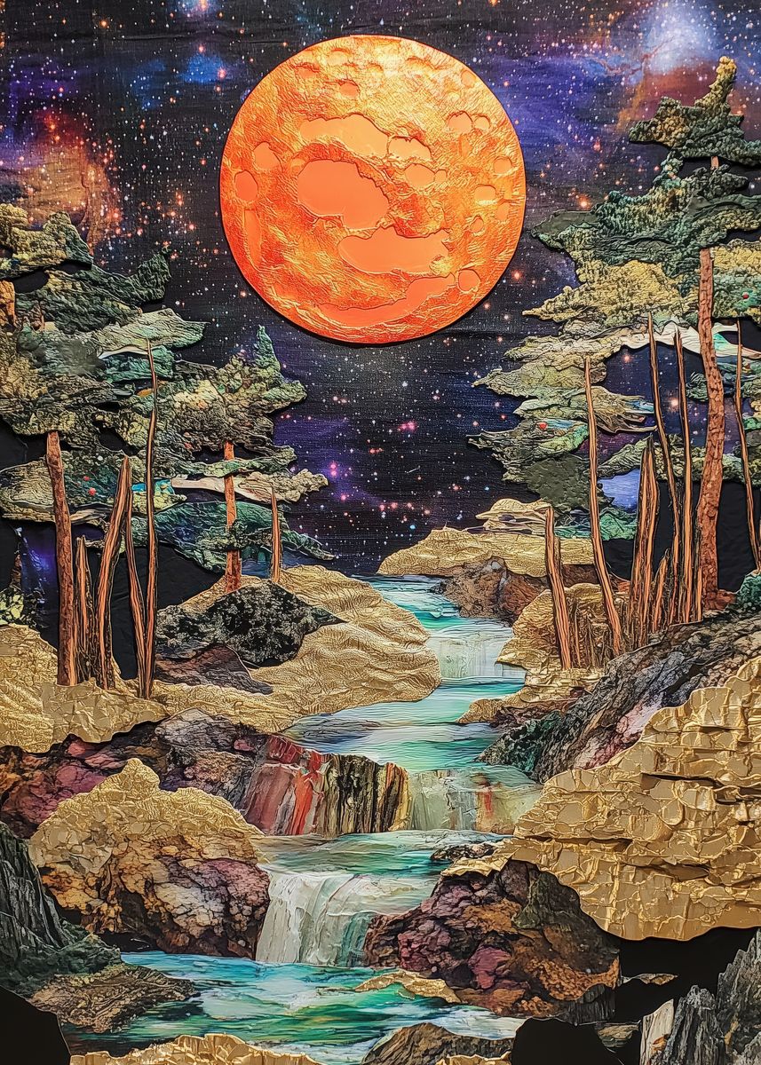 'Forest Waterfall Under Red Moon' Poster, picture, metal print, paint ...