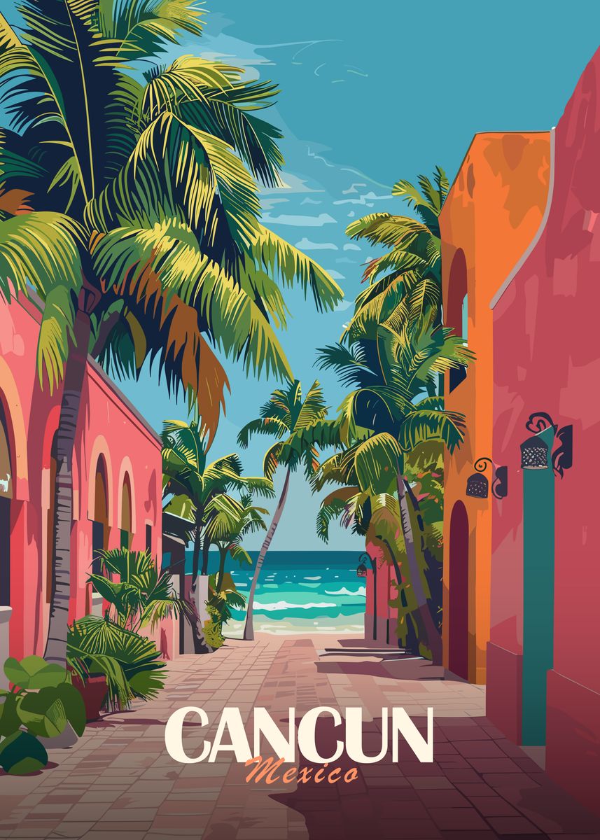 'Cancun Mexico Travel Poster' Poster, picture, metal print, paint by ...