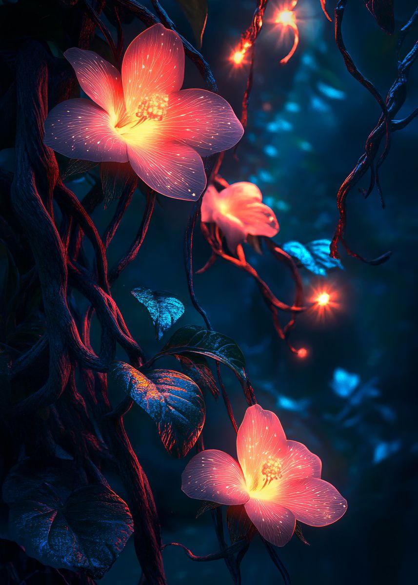 'Glowing Flowers in the Night' Poster, picture, metal print, paint by ...