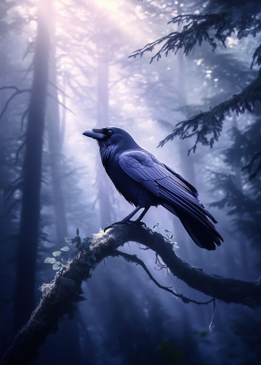 'Raven Crow in Misty Forest' Poster, picture, metal print, paint by ...