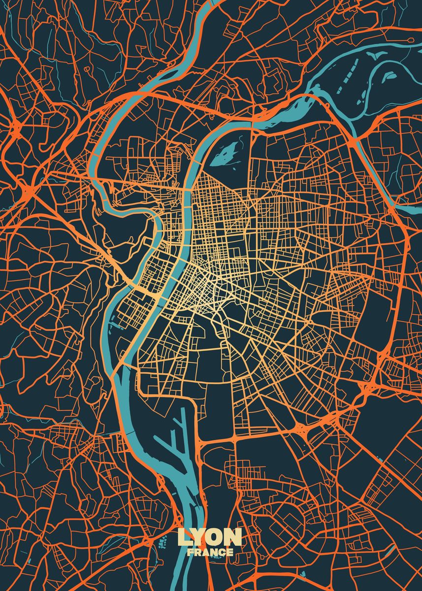 'Lyon City Map' Poster, picture, metal print, paint by Ibrohim Studio ...