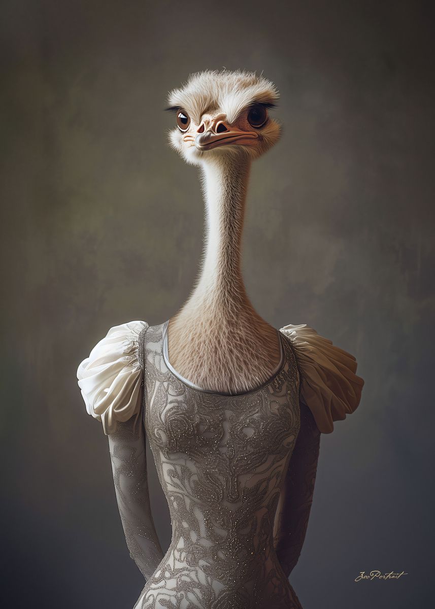'Portrait of an Ostrich in Dress' Poster, picture, metal print, paint ...