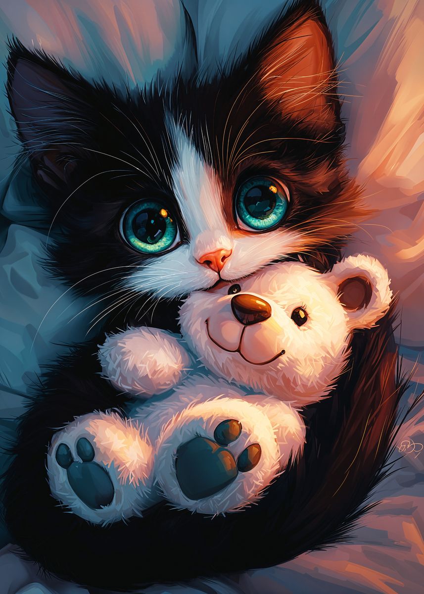 'Cute Kitten with Teddy Bear' Poster, picture, metal print, paint by ...