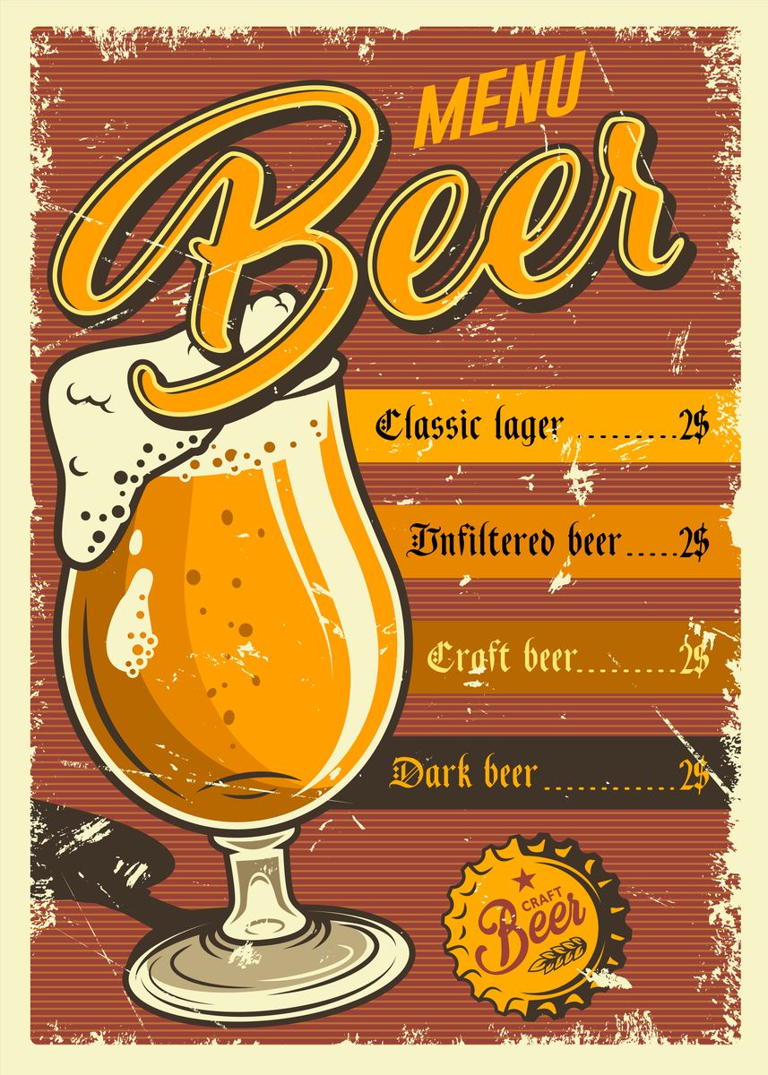 'Vintage Beer Menu Poster' Poster, picture, metal print, paint by ...