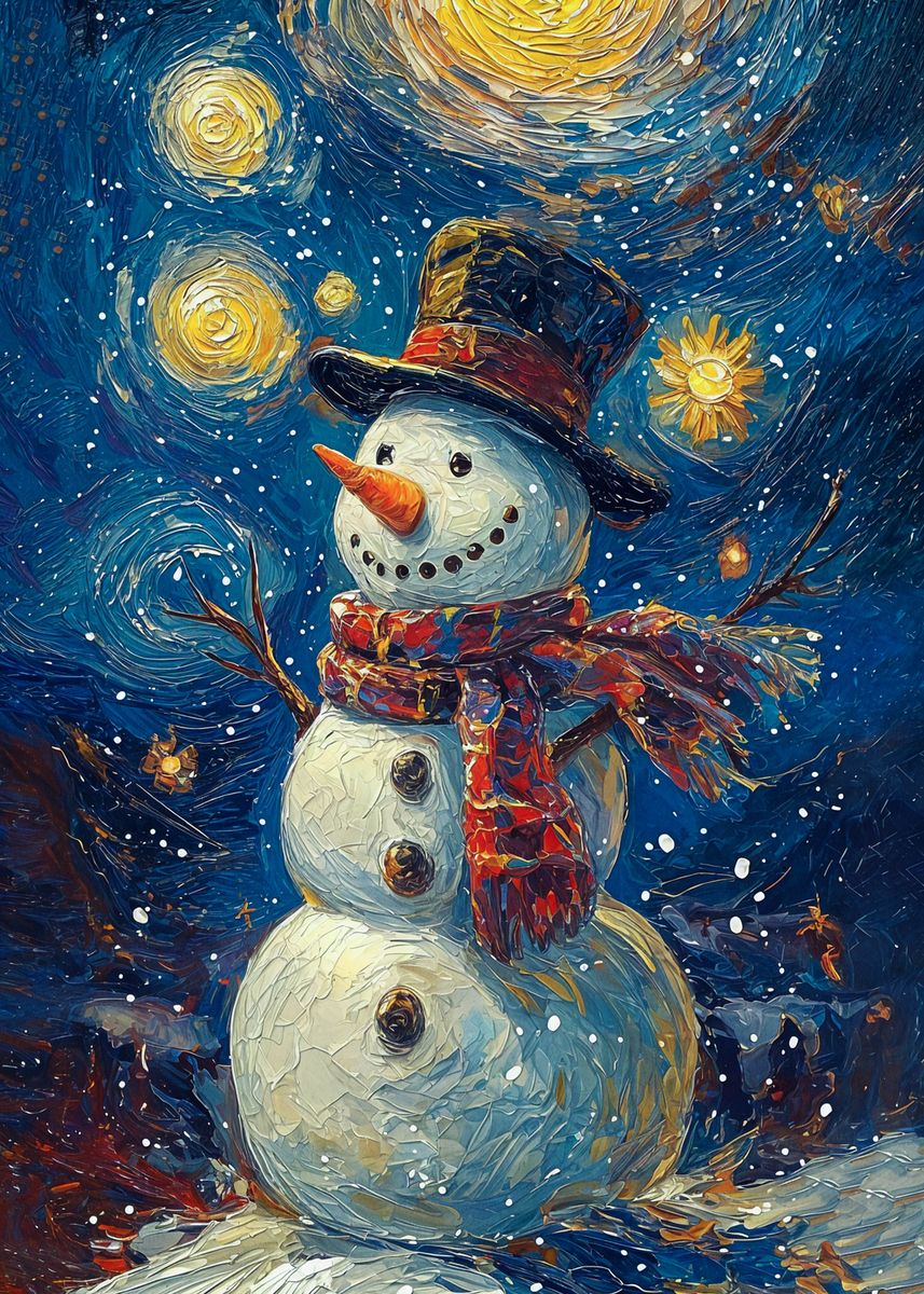 'Starry Night Snowman' Poster, picture, metal print, paint by ...