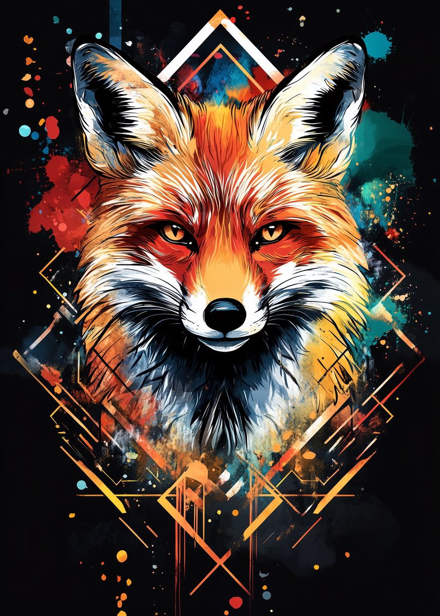 'Fox in Geometric Frame' Poster, picture, metal print, paint by Mike ...