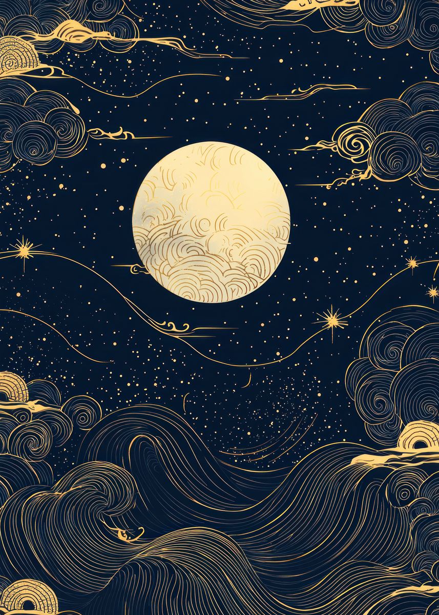 'Golden Moon Night Sky' Poster, picture, metal print, paint by Benjamin ...