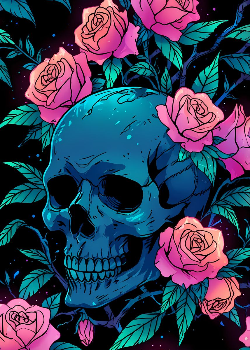 'Skull and Roses' Poster, picture, metal print, paint by Bestselling ...
