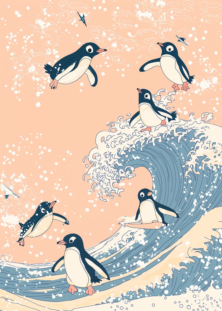 'Penguins Surfing Wave' Poster, picture, metal print, paint by ...