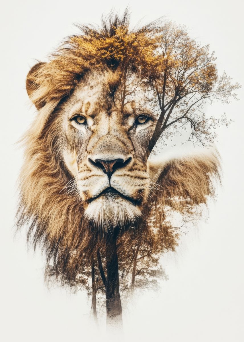 'Lion and Tree Double Exposure' Poster, picture, metal print, paint by ...