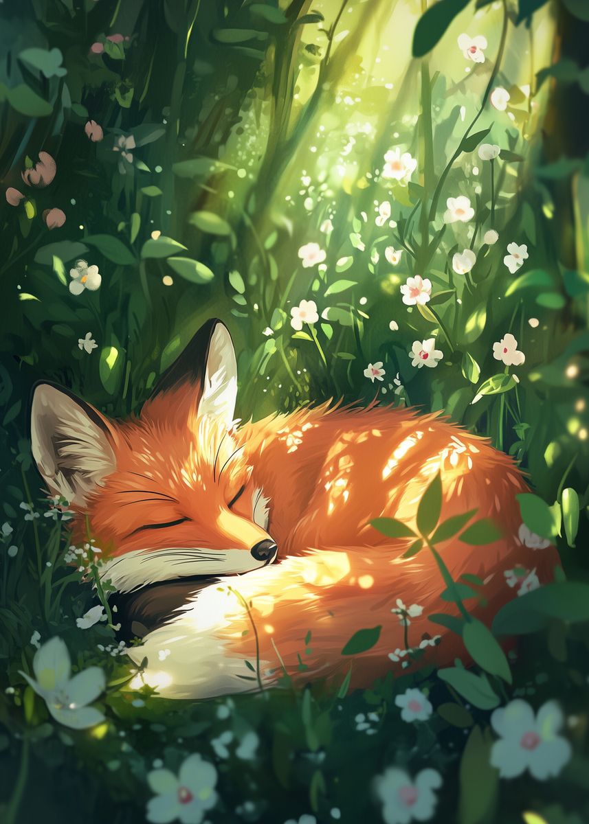 'Sleeping Fox in Forest' Poster, picture, metal print, paint by Mike ...