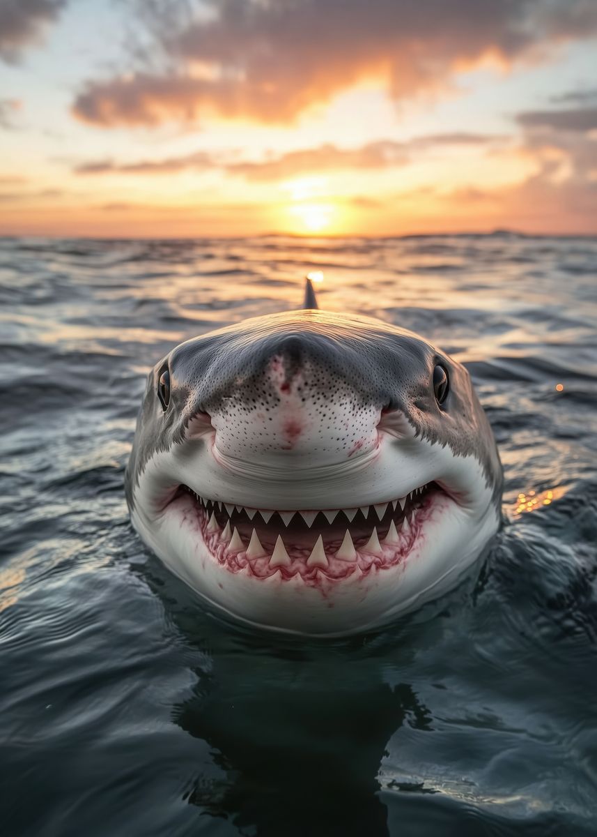 'Great White Shark Sunset' Poster, picture, metal print, paint by ...