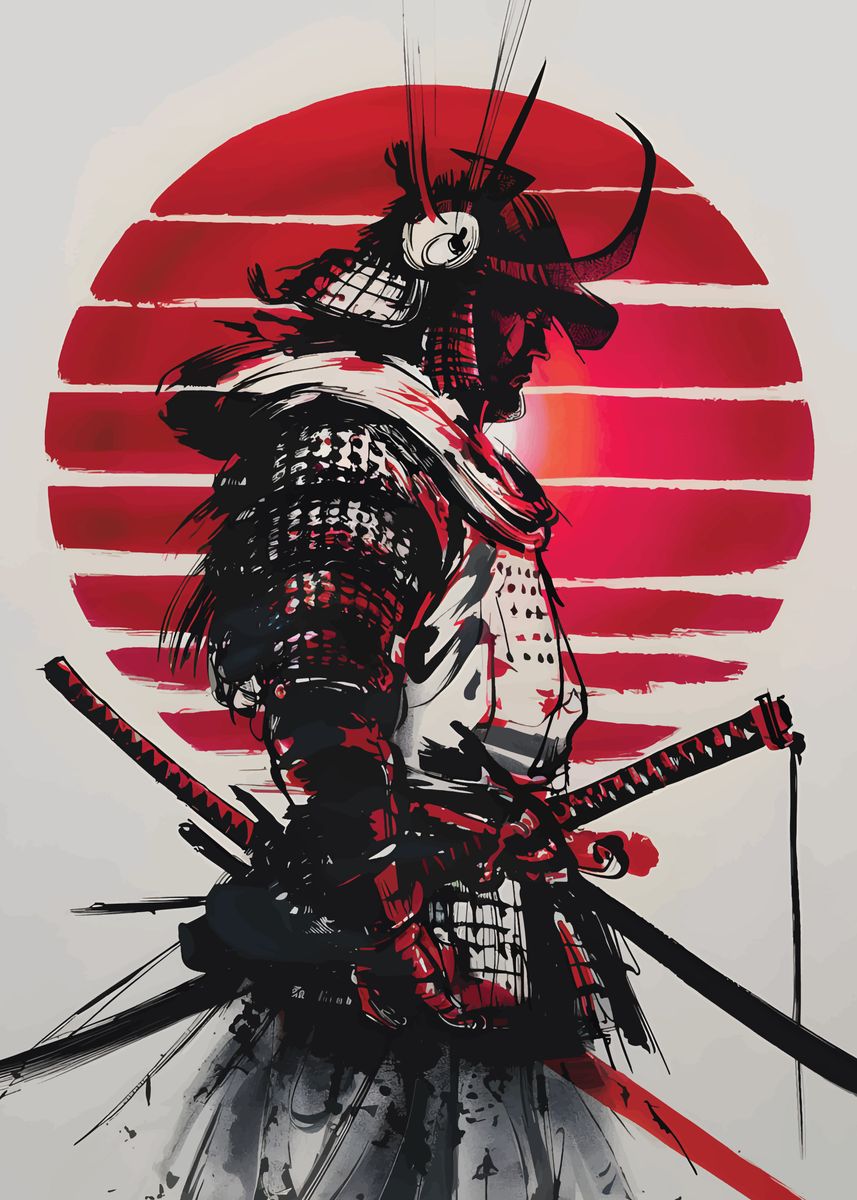 'Samurai red moon' Poster, picture, metal print, paint by maxmah Funny ...